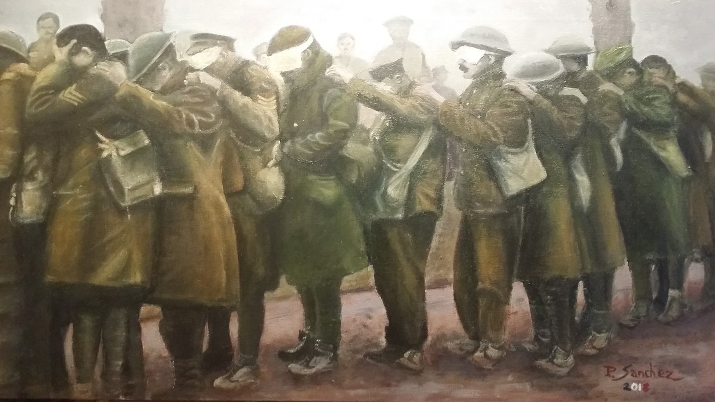 Bataille d'Ypres. Soldats anglais gazés, avec parmi eux deux ...